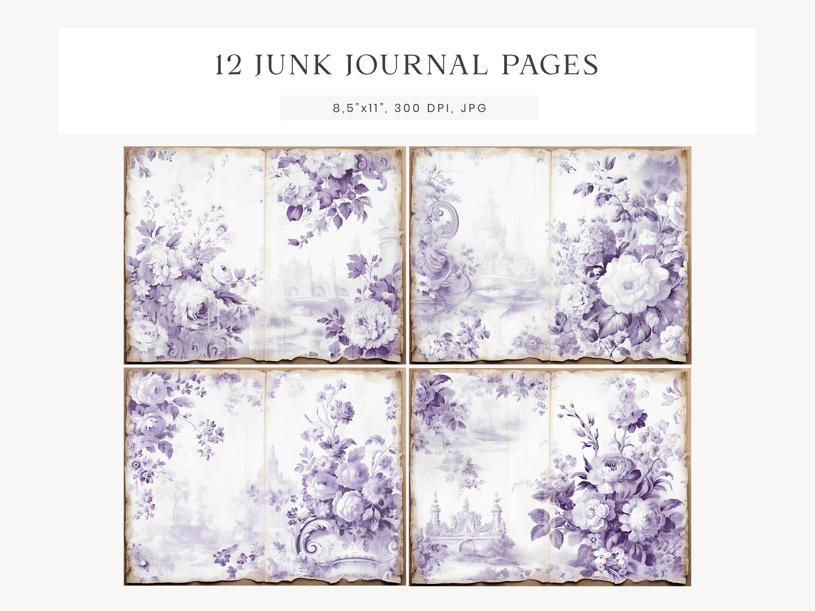 Purple Toile Junk Journal Pages, Purple Floral Digital Paper ...