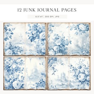 Blue Toile Junk Journal Pages, Blue Floral Digital Paper, Watercolor ...