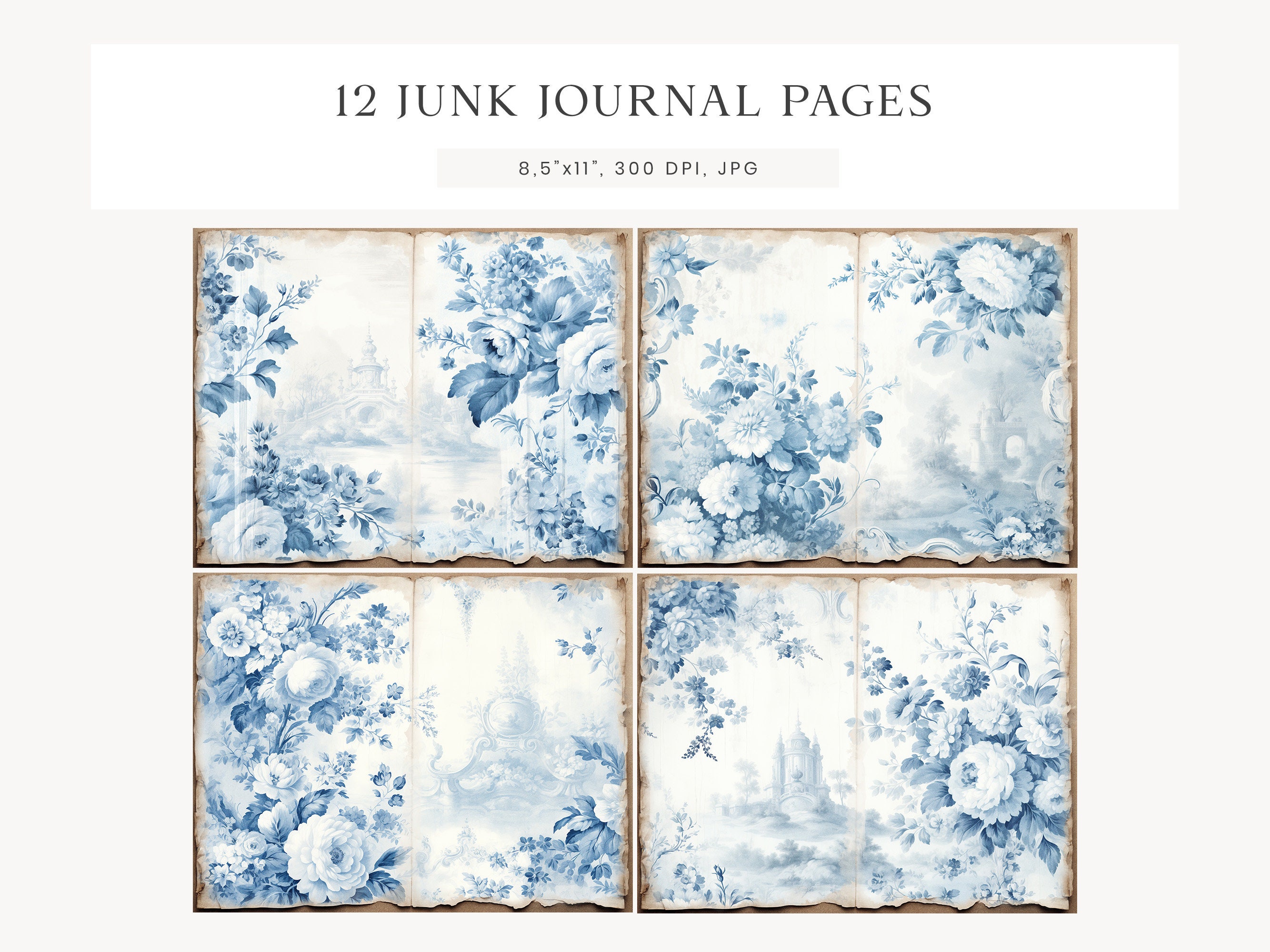 Blue Toile Junk Journal Pages, Blue Floral Digital Paper, Watercolor ...