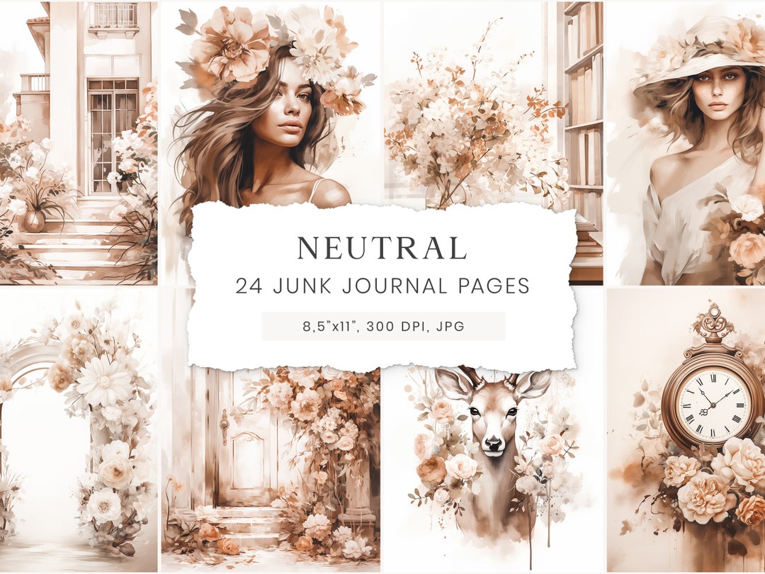 Junk Journal Kit, Junk Journal Pages Beige Watercolor, Beige Journal ...