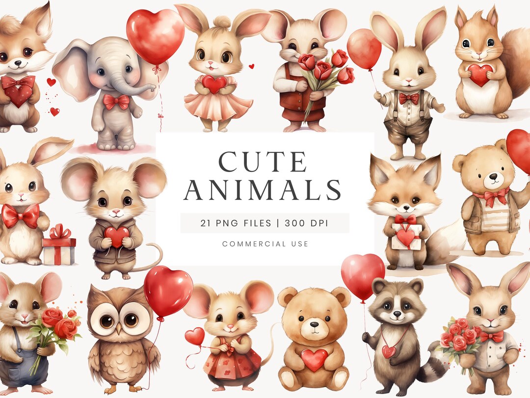 Valentine's Day Clip Art, Animals Watercolor Clipart, Teddy Bear, Fox ...