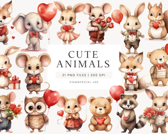 Valentine's Day Clip Art, Animals Watercolor Clipart, Teddy Bear, Fox ...