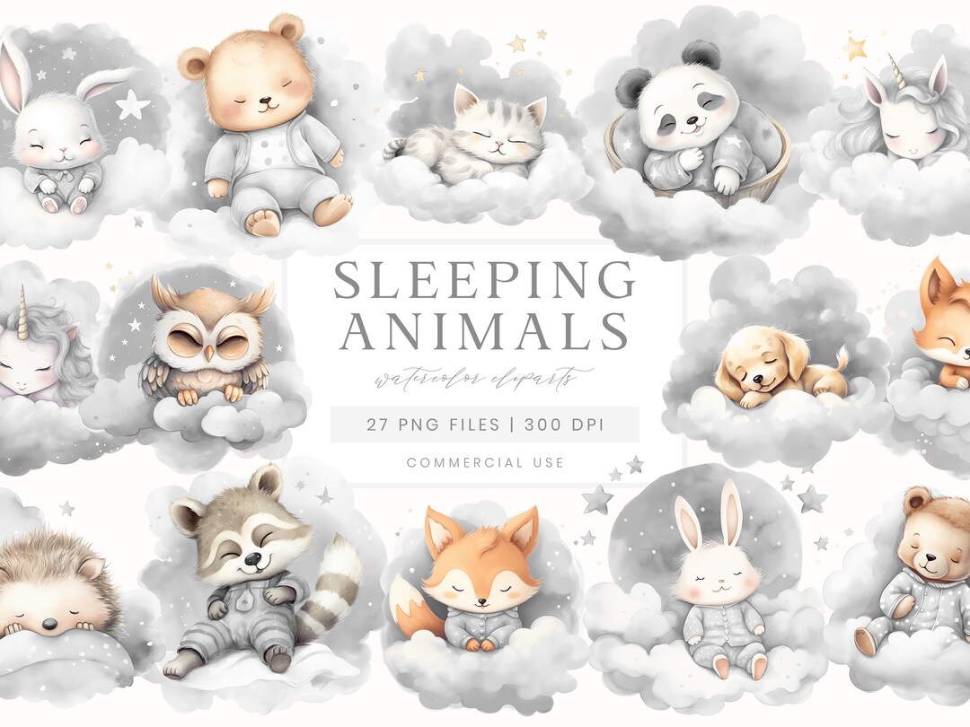 Watercolor Sleepy Animals Clipart, Sleeping Animals Nursery Art, Baby ...
