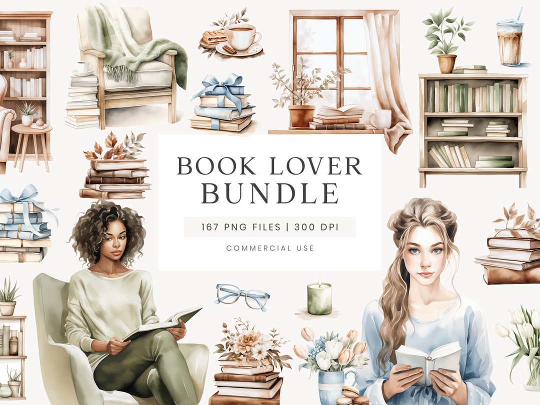 Bookworm Clipart Bundle, Book Lover Watercolor Clipart, Watercolor ...