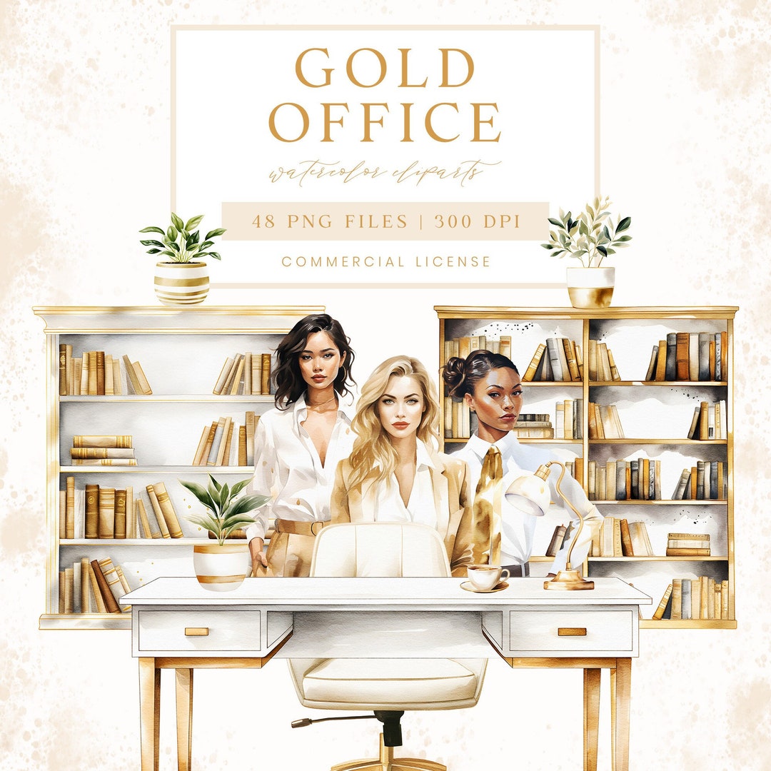 Watercolor Office Clip Art, Gold Office Clipart, Watercolor ...