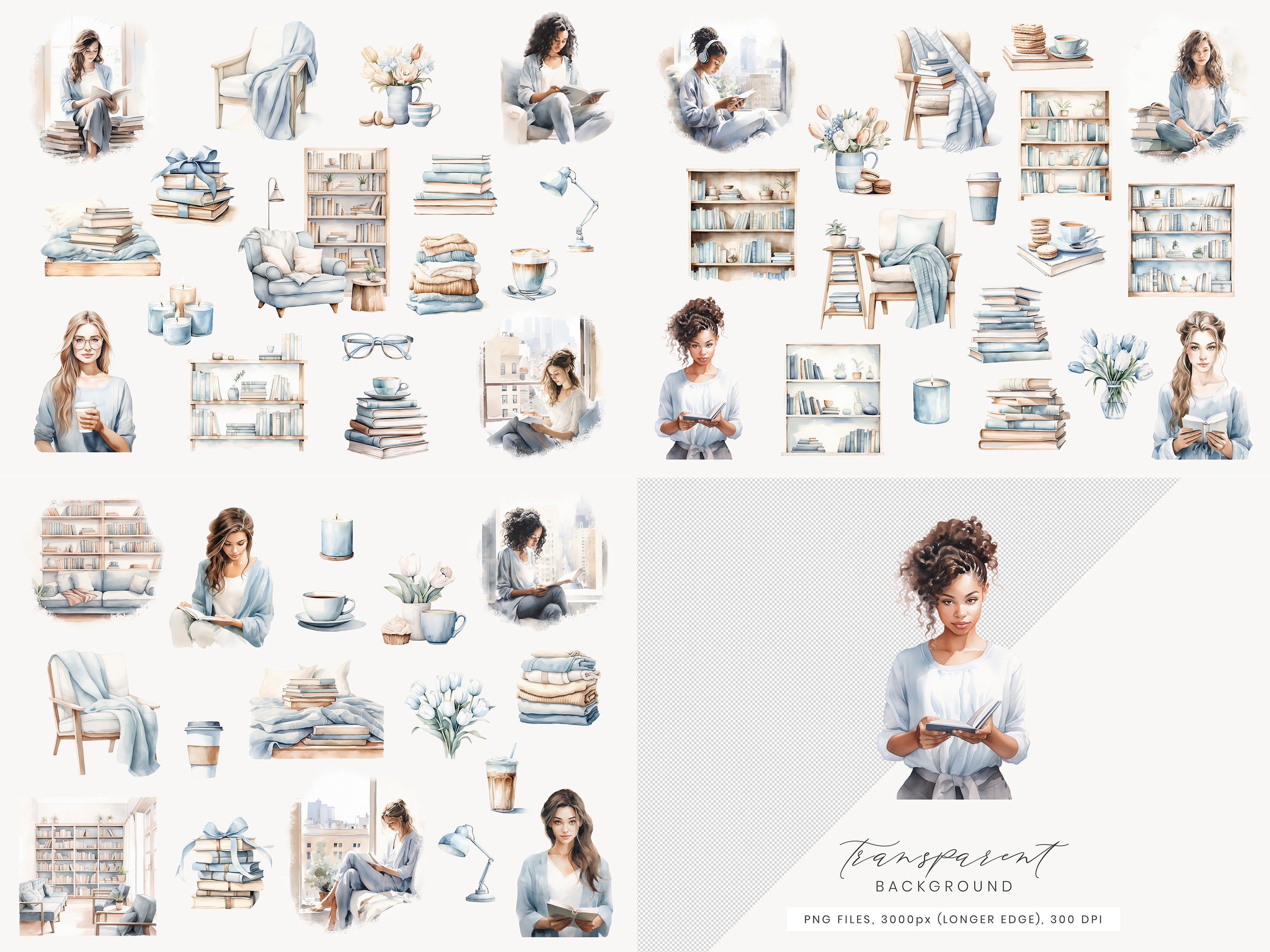 Bookworm Clipart Bundle, Book Lover Watercolor Clipart, Watercolor ...