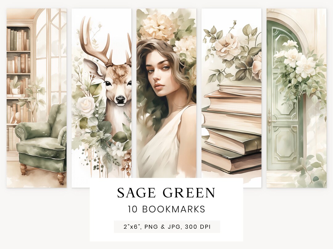 Sage Green Bookmarks, Printable Bookmarks Set, PNG Bookmark Sublimation ...