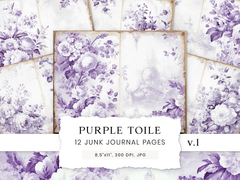 Purple Toile Junk Journal Pages, Purple Floral Digital Paper ...
