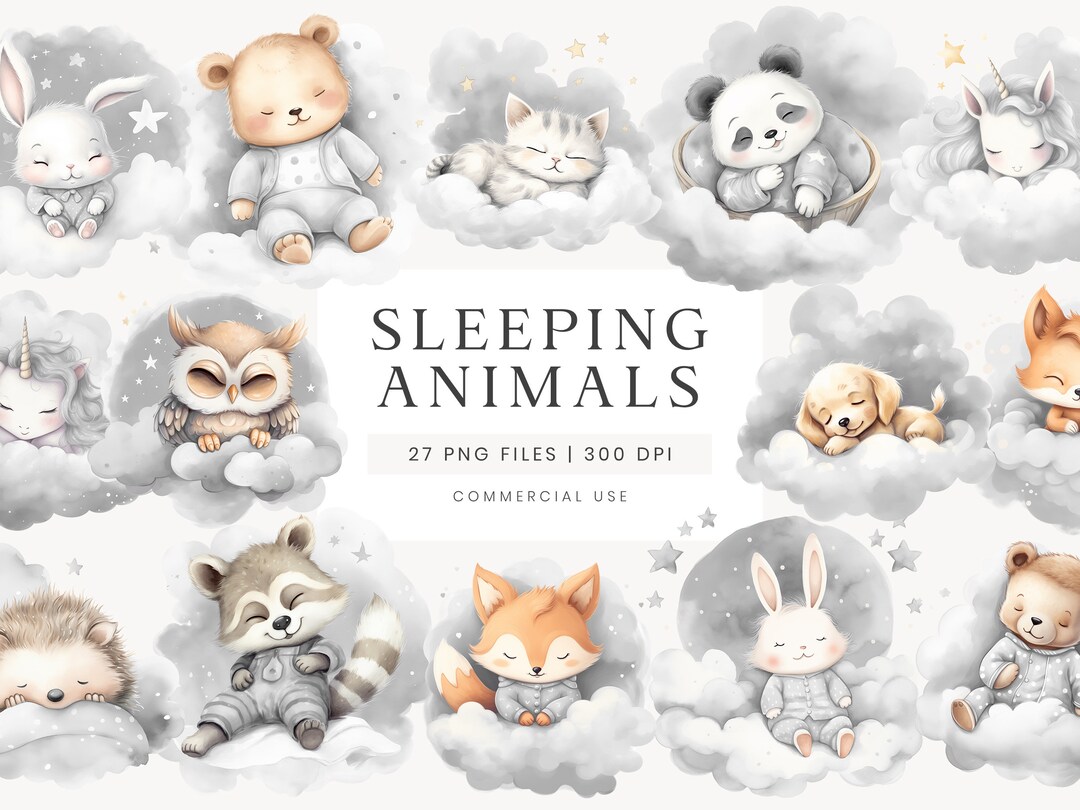 Watercolor Sleepy Animals Clipart, Sleeping Animals Nursery Art, Baby ...