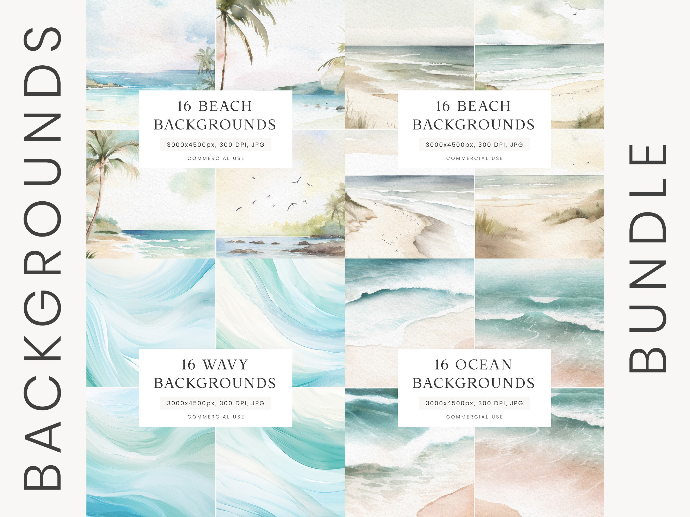 Summer Backgrounds Bundle, Watercolor Beach Backgrounds, Landscape ...