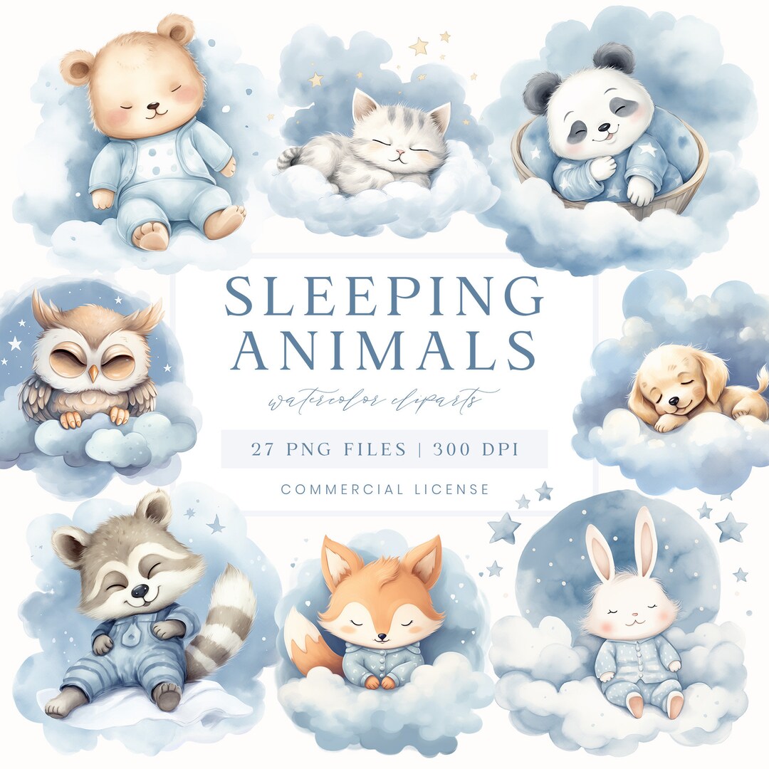Sleeping Animals Clipart, Watercolor Sleepy Animals, Nursery Art, Baby ...