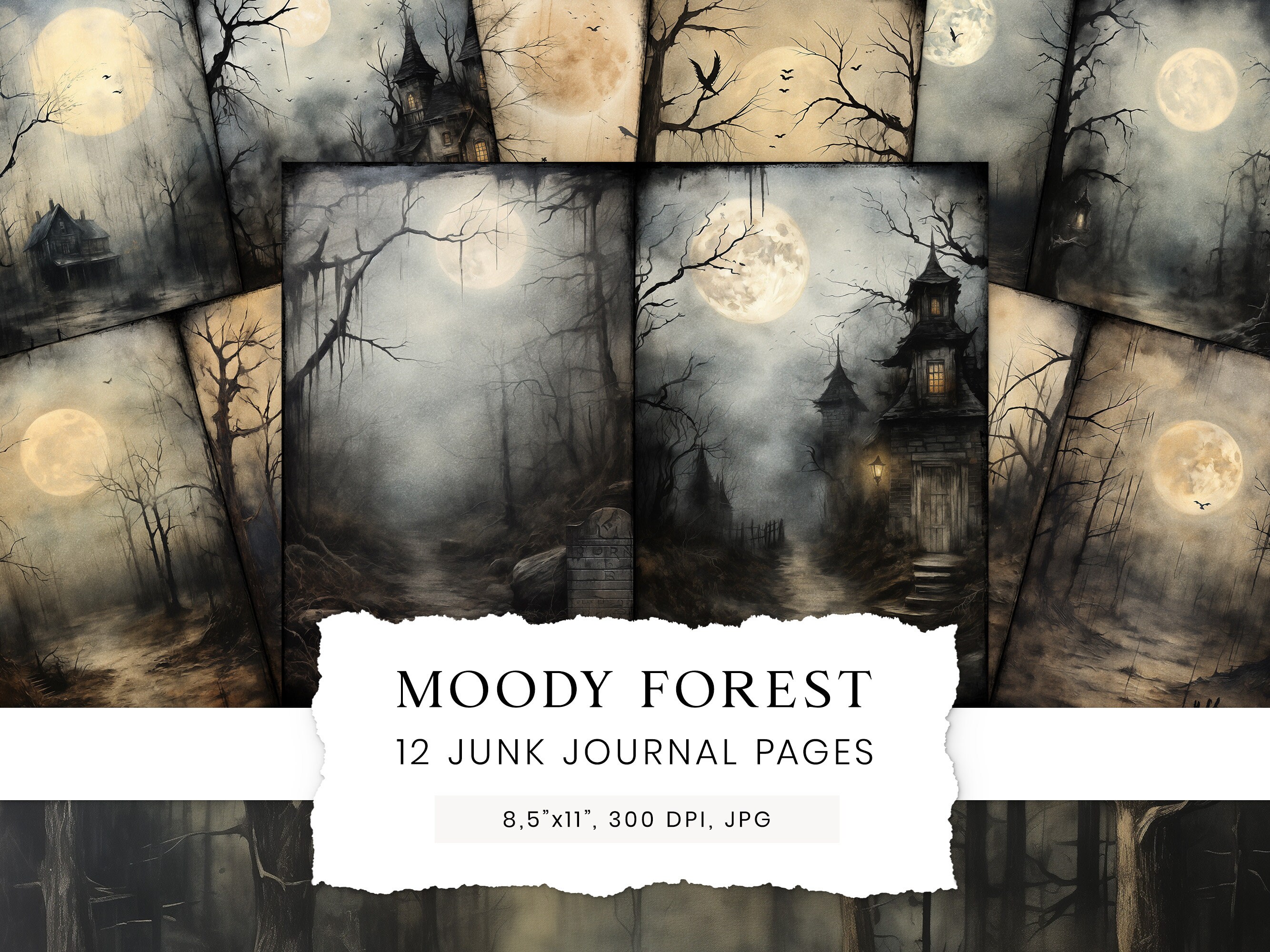 Moody Forest Digital Paper, Halloween Junk Journal Pages, Fantasy ...