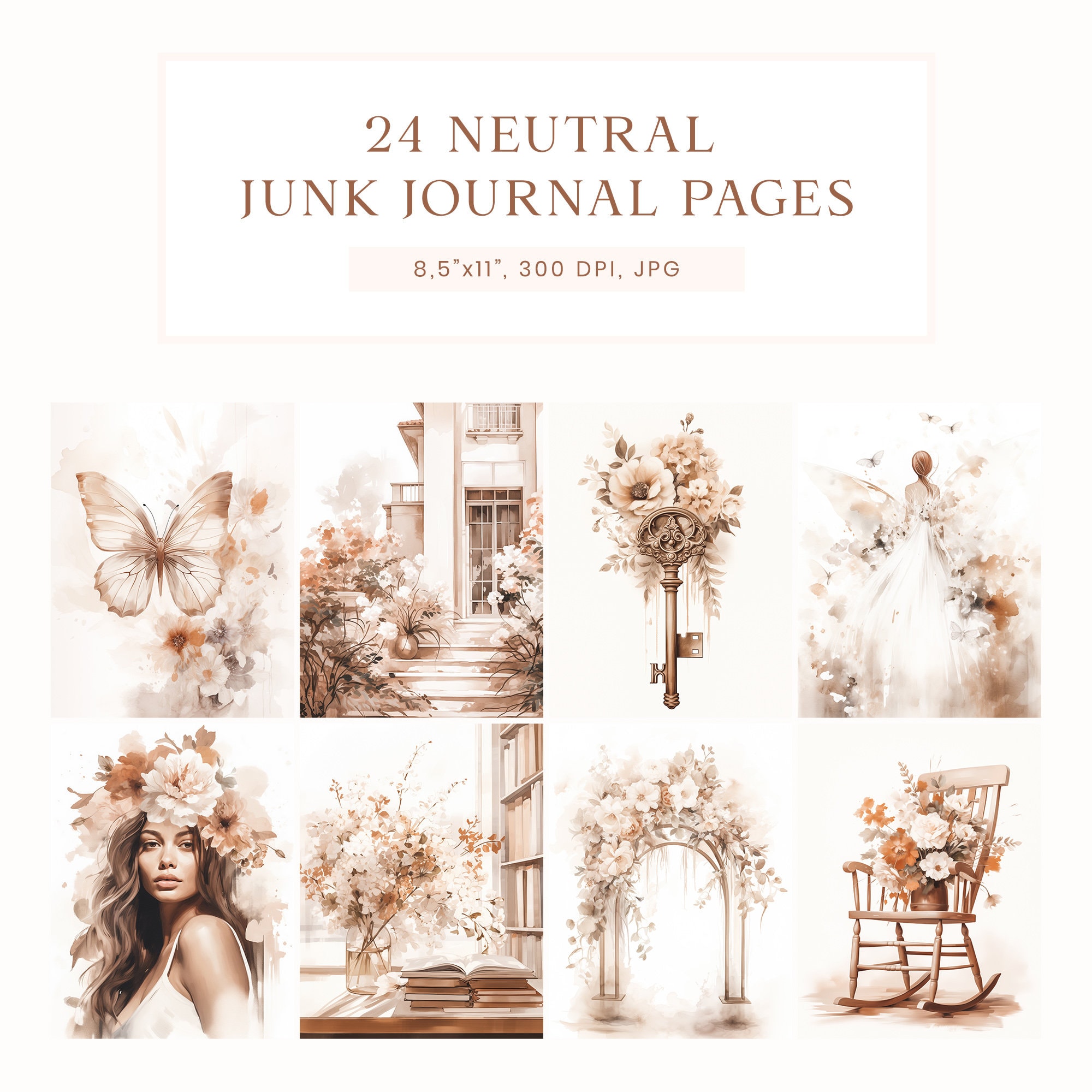 Junk Journal Kit, Junk Journal Pages Beige Watercolor, Beige Journal ...