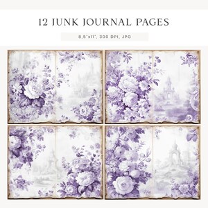 Purple Toile Junk Journal Pages, Purple Floral Digital Paper ...