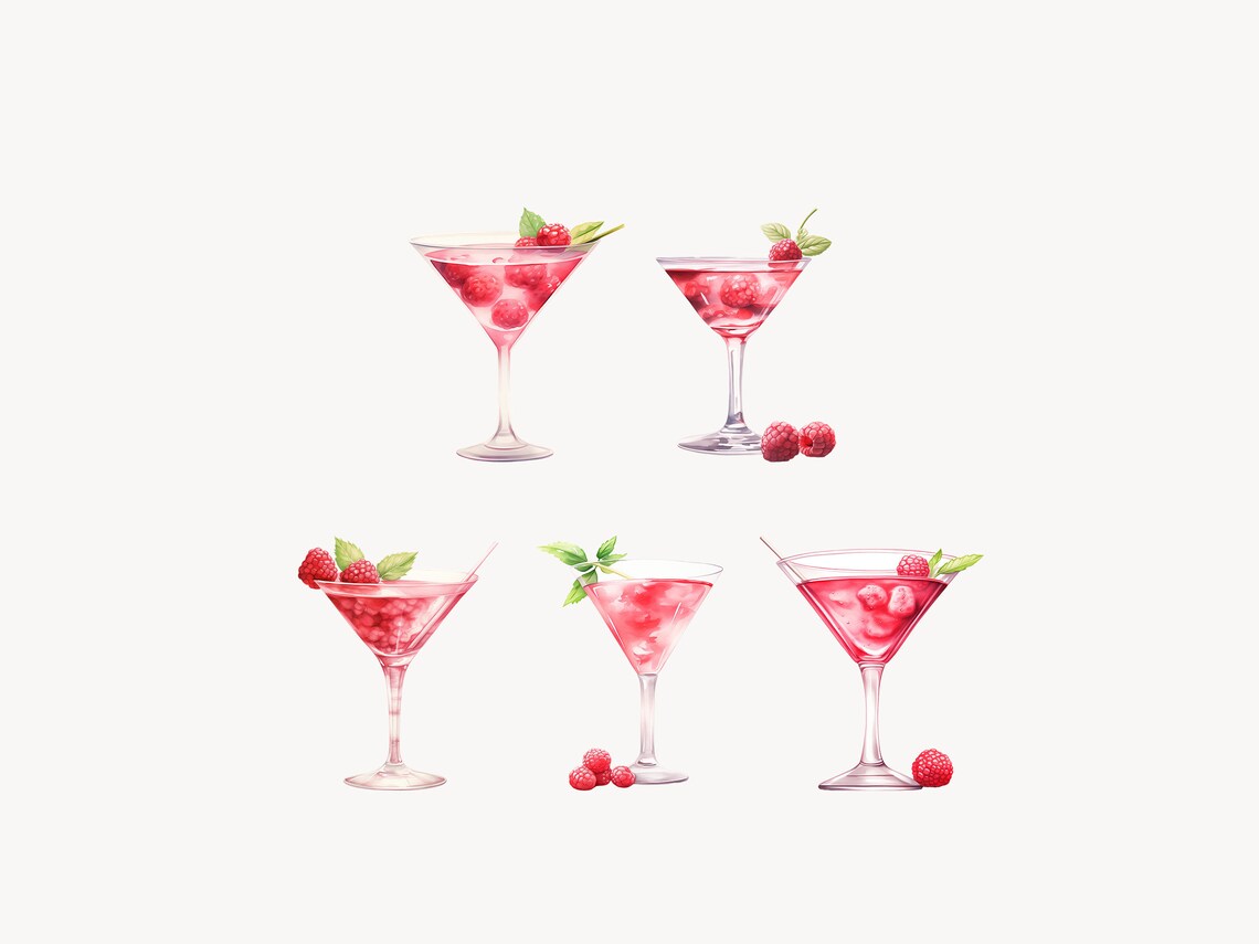 Raspberry Martini Clipart, Summer Cocktail Clipart, Watercolor Martini ...