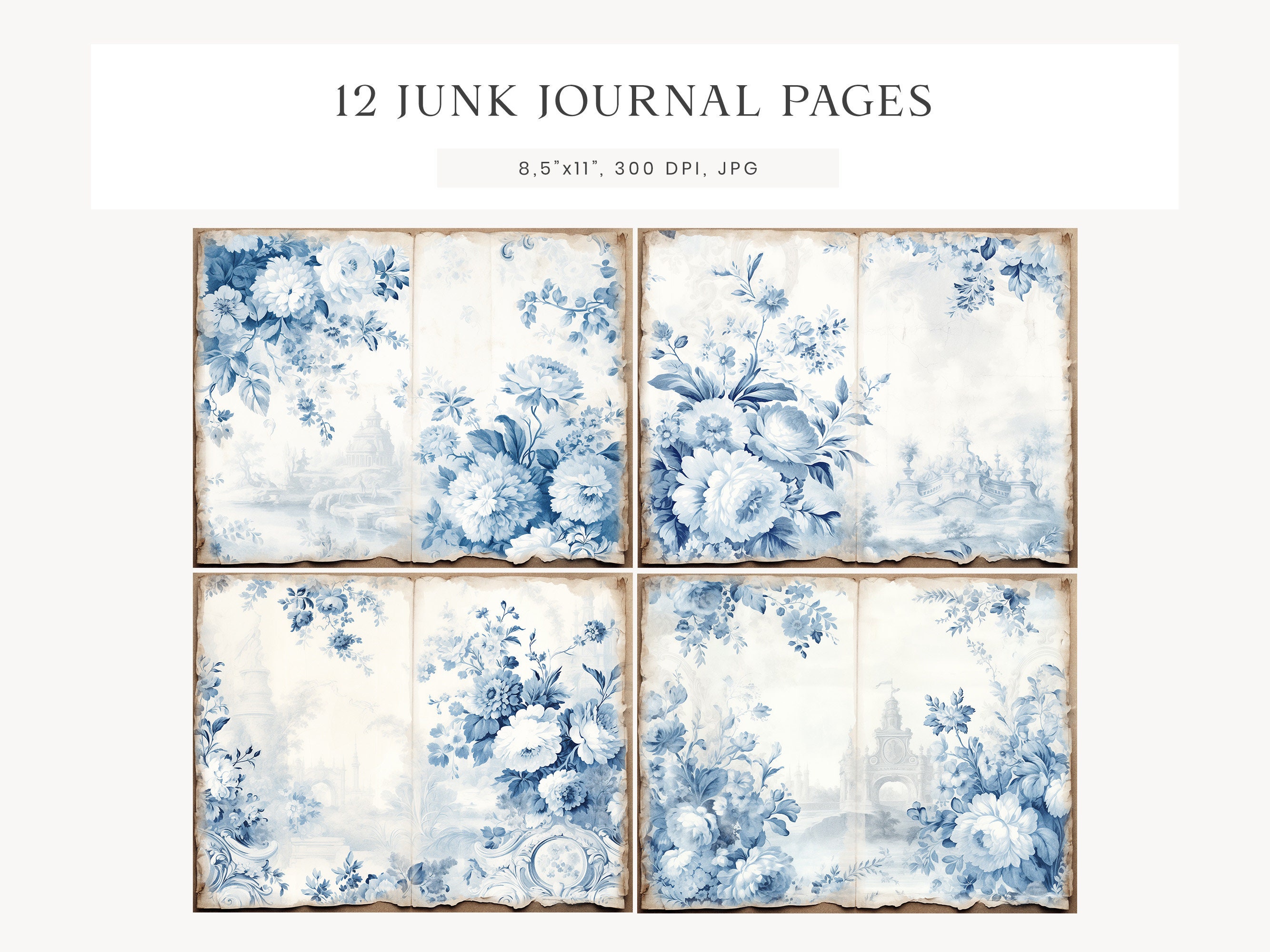 Blue Toile Junk Journal Pages, Blue Floral Digital Paper, Watercolor ...