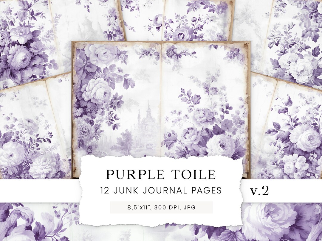 Purple Toile Junk Journal Pages, Purple Floral Digital Paper ...