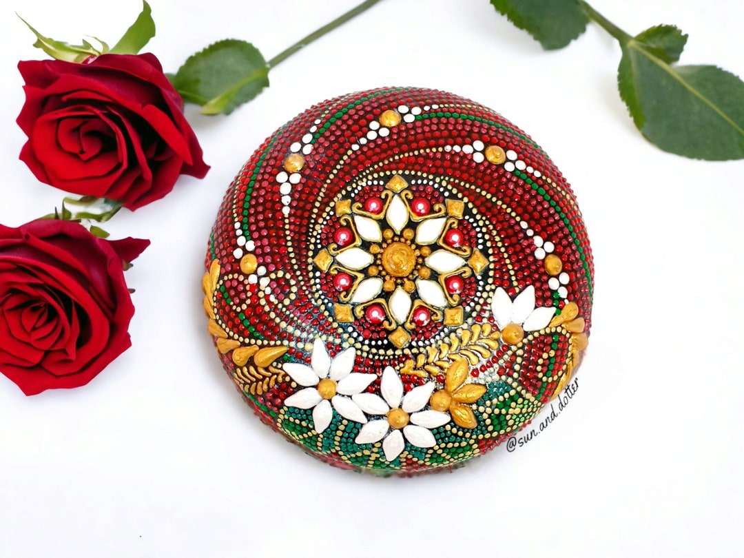 Red Jasmine Mandala Stone - Hand Casted Round Stone Painted by Cone ...