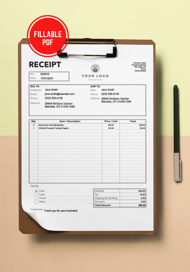 Fillable Simple Receipt Template Printable PDF Form for Small Business ...