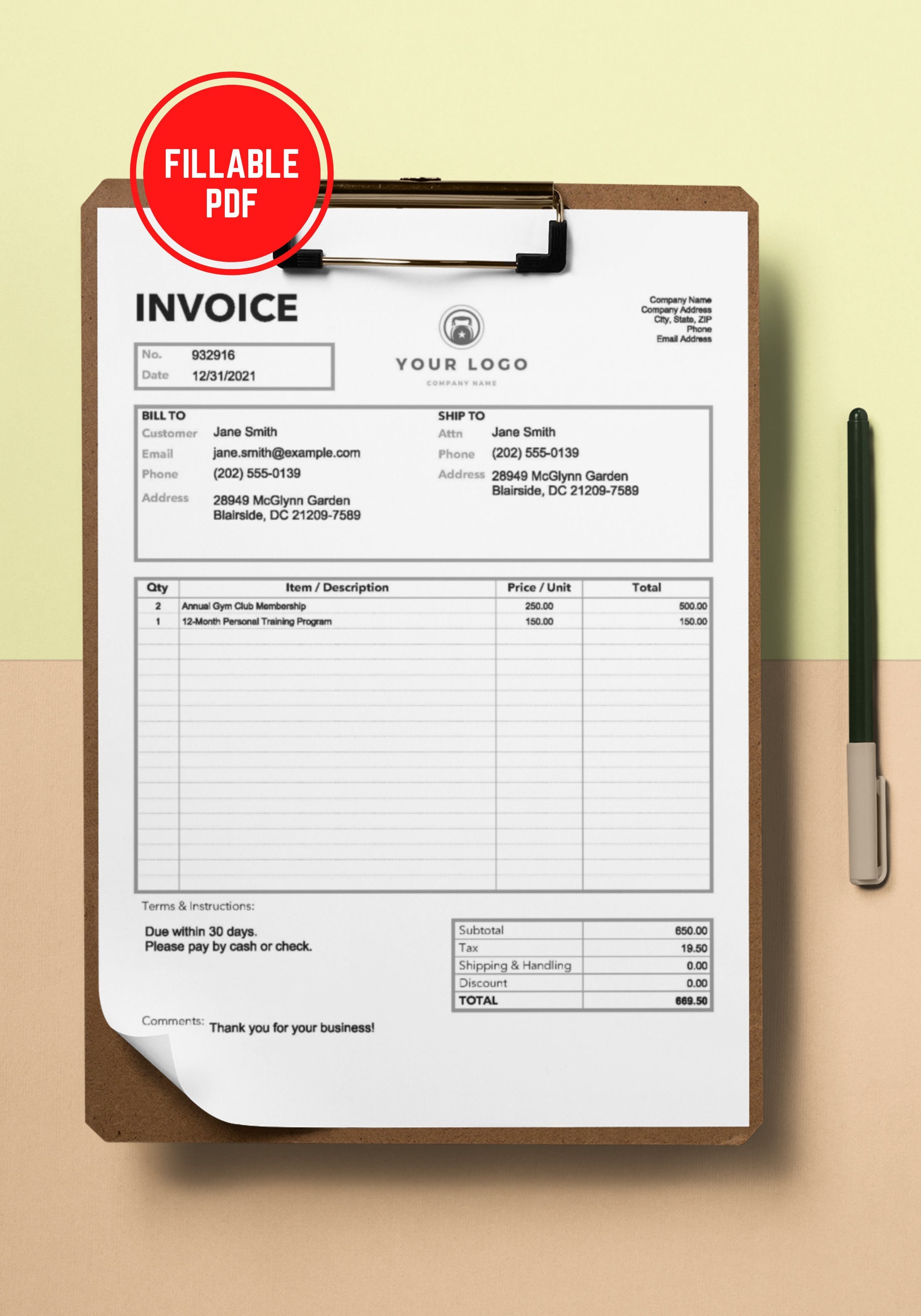 Fillable Simple Invoice Template Printable PDF Form for Small Business ...