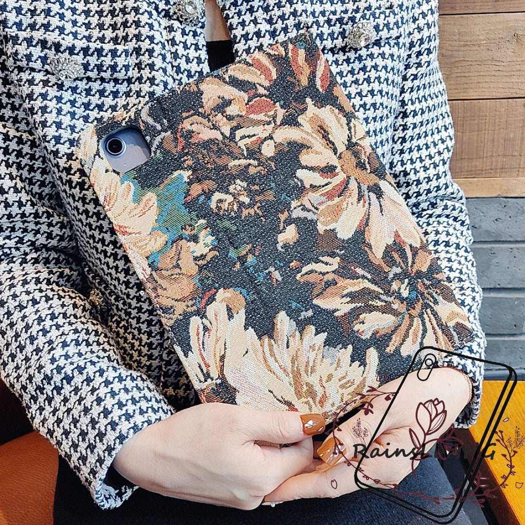 Brown Big Embroidered Flowers Fabric iPad Case Built-in Pencil Holder ...