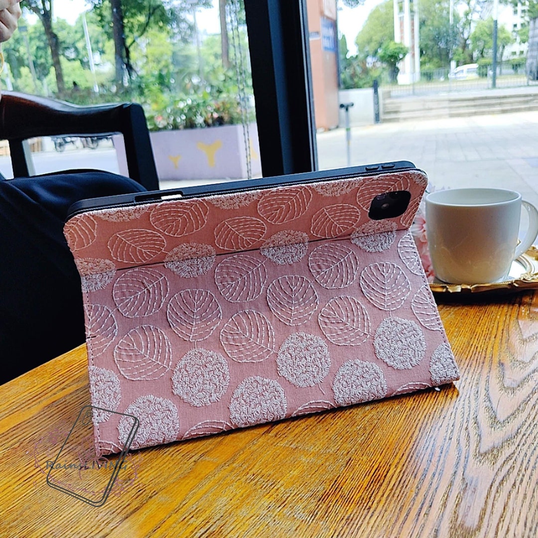 Pink Flowers Fabric iPad Case With Built-in Pencil Holder Auto Sleep ...
