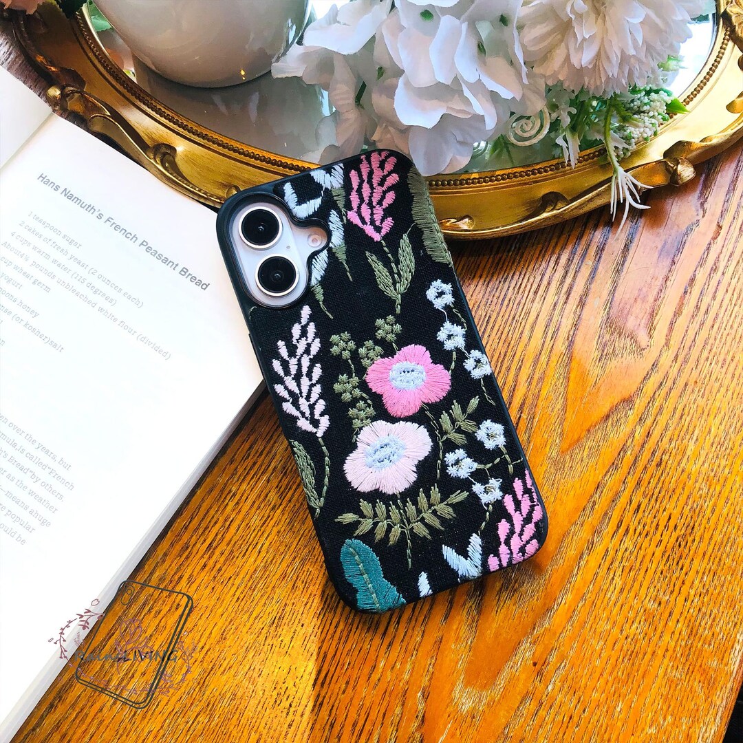 Embroidery Colorful Flowers Black Fabric Case for iPhone 17e 16e 16 15 ...