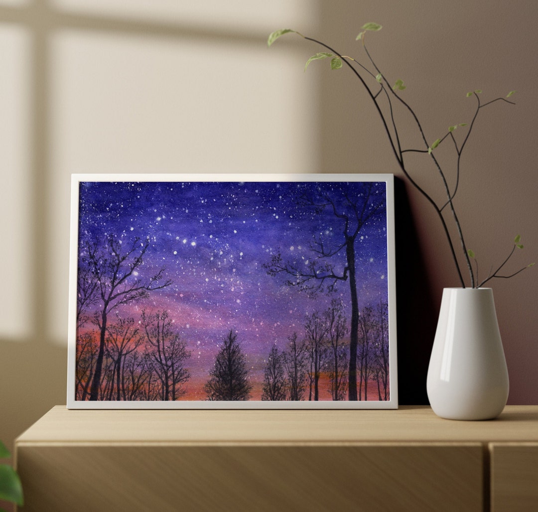 Starry Morning Watercolor Painting Print: Celestial Landscape Art - Etsy