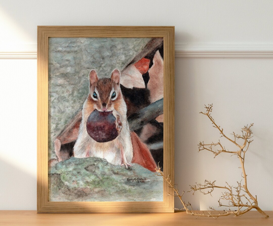 Chipmunk With Buckeye - PRINT of My Original Watercolor Painting 5"x7 ...