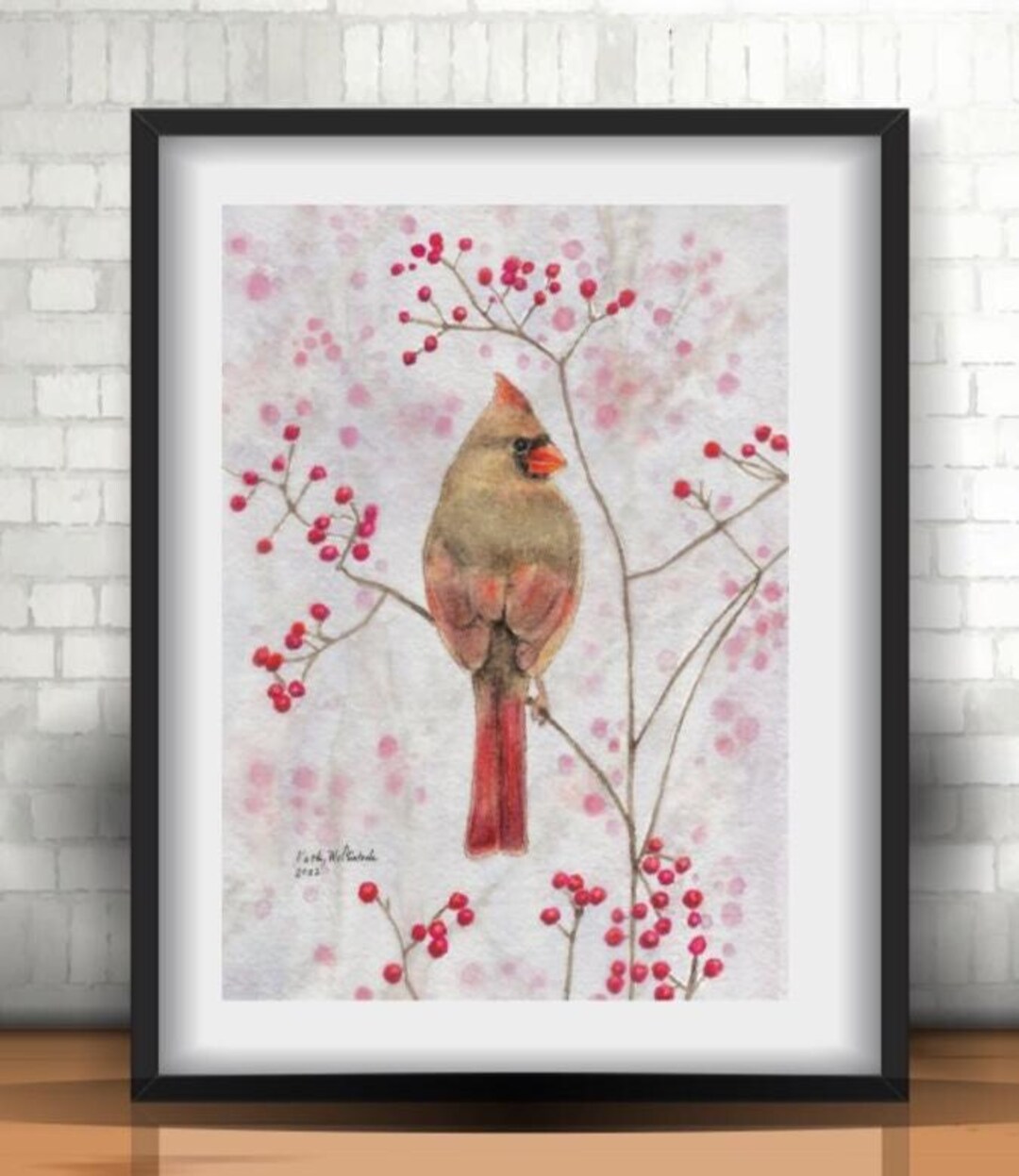 Female Cardinal Watercolor Print or Original: Bird in Winter Berries - Etsy