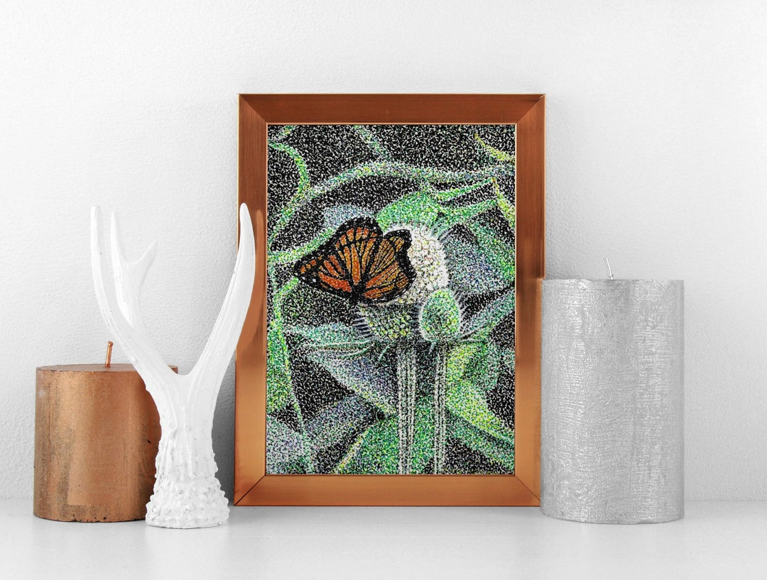 Butterfly on Teasel Ink Drawing - PRINT of My Original Pointillism ...