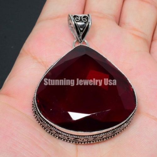 Red Garnet Solid 925 Sterling Silver Necklace Pendant for - Etsy