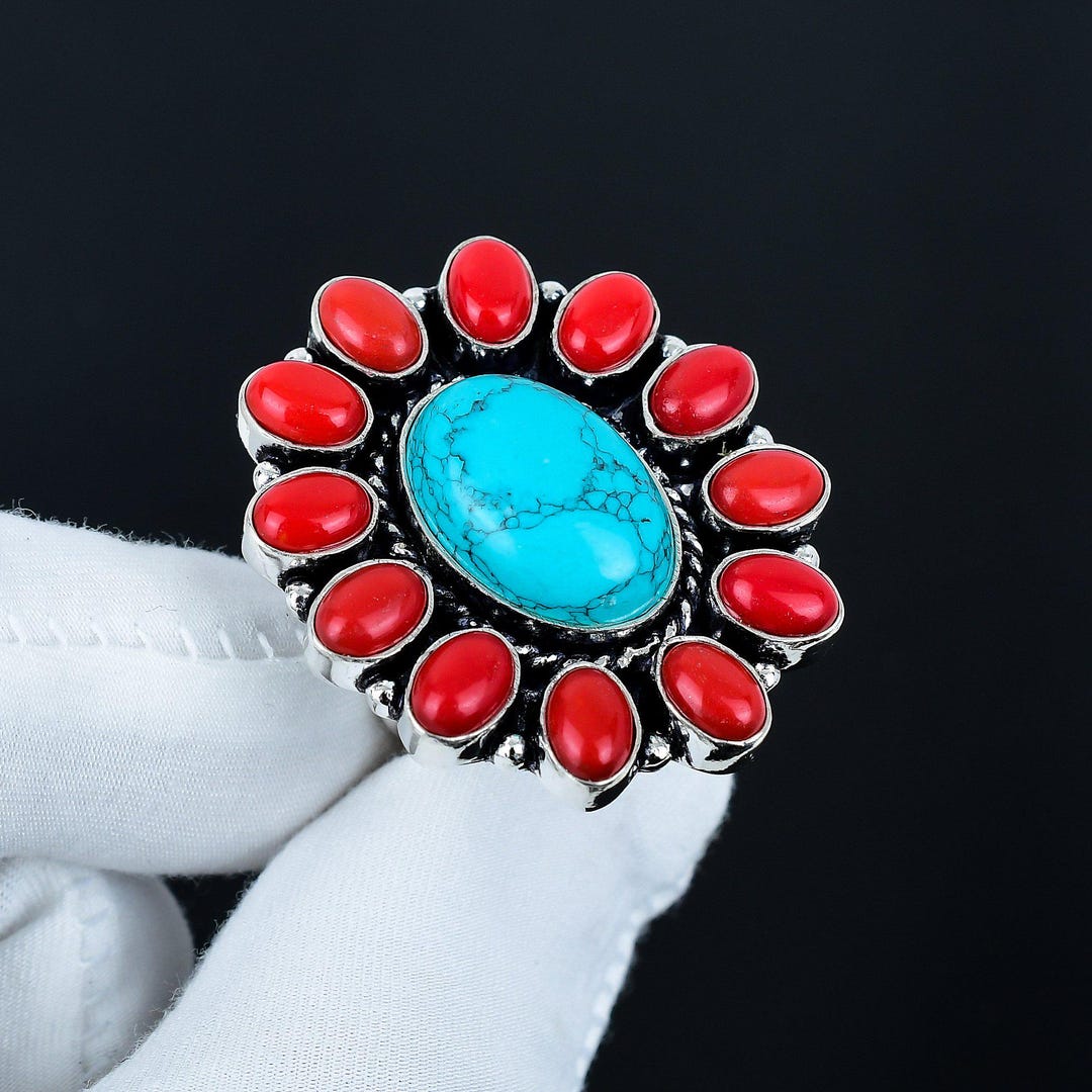 Turquoise & Red Coral Gemstone Ring, Handmade 925 Sterling Silver ...
