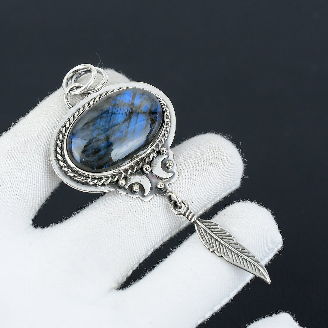 Blue Fire Labradorite Pendant, 925 Sterling Silver Jewelry, Natural ...