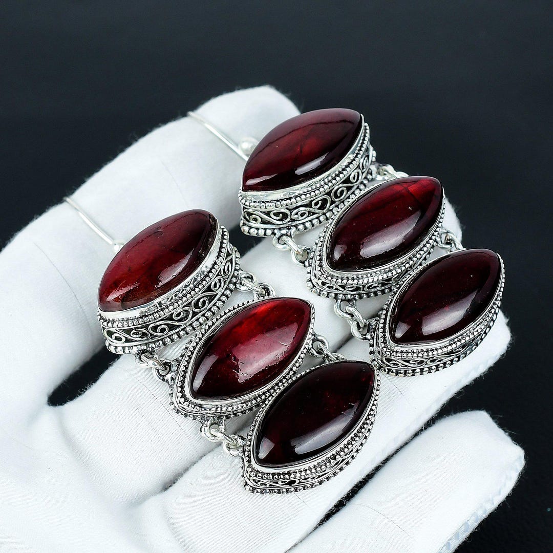 Triple Drop Red Gemstone Earrings 925 Silver | Handmade Statement ...