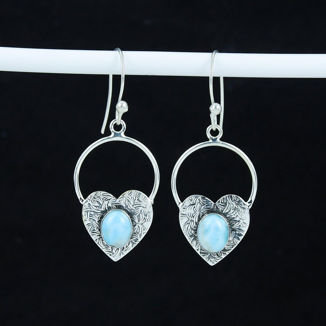 Natural Larimar Heart Hoop Earrings Natural Larimar Gemstone Handmade ...