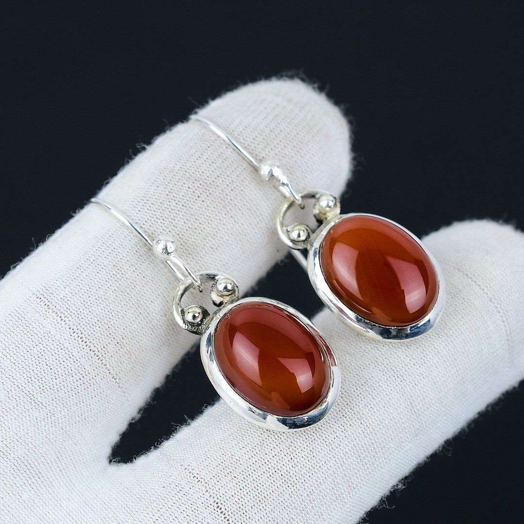 Carnelian Gemstone Earring, Red Carnelian 925 Sterling Silver Earring ...