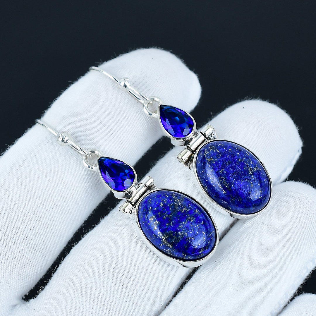 Lapis Lazuli & Blue Sapphire Gemstone Earrings, 925 Sterling Silver ...