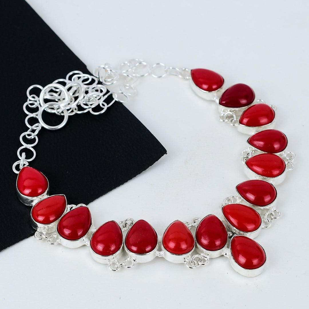 Red Coral Gemstone Handmade 925 Sterling Silver Jewelry Necklace Red ...