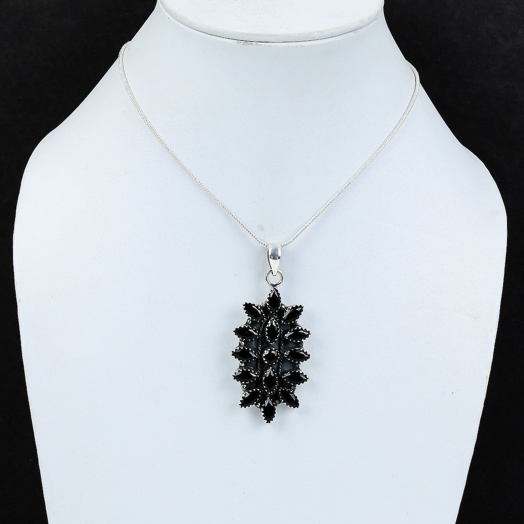 Black Spinel Gemstone Necklace 925 Sterling Silver Handmade Bohemian ...