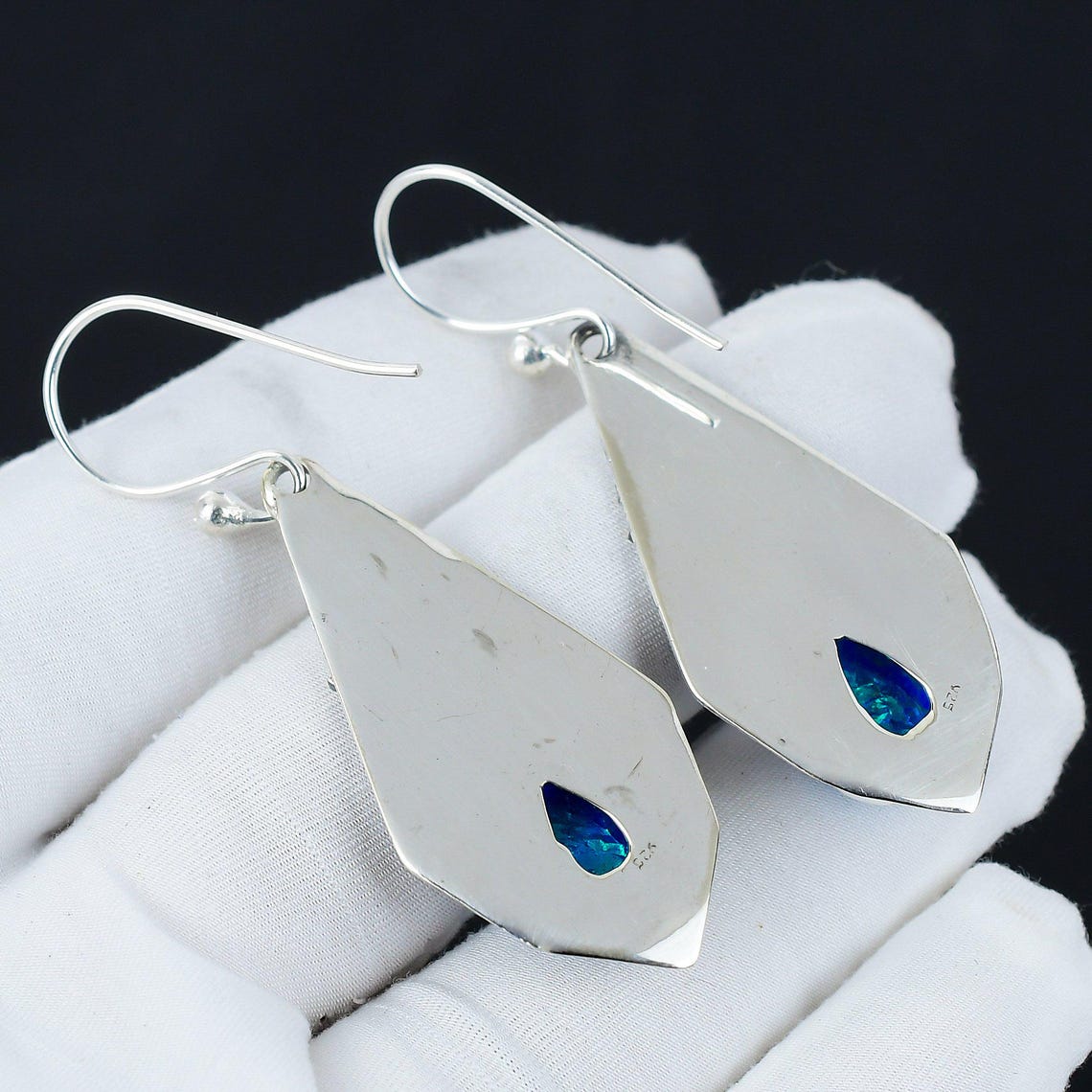 Blue Triplet Fire Opal Statement Earrings, Blue Gemstone Handmade 925 ...