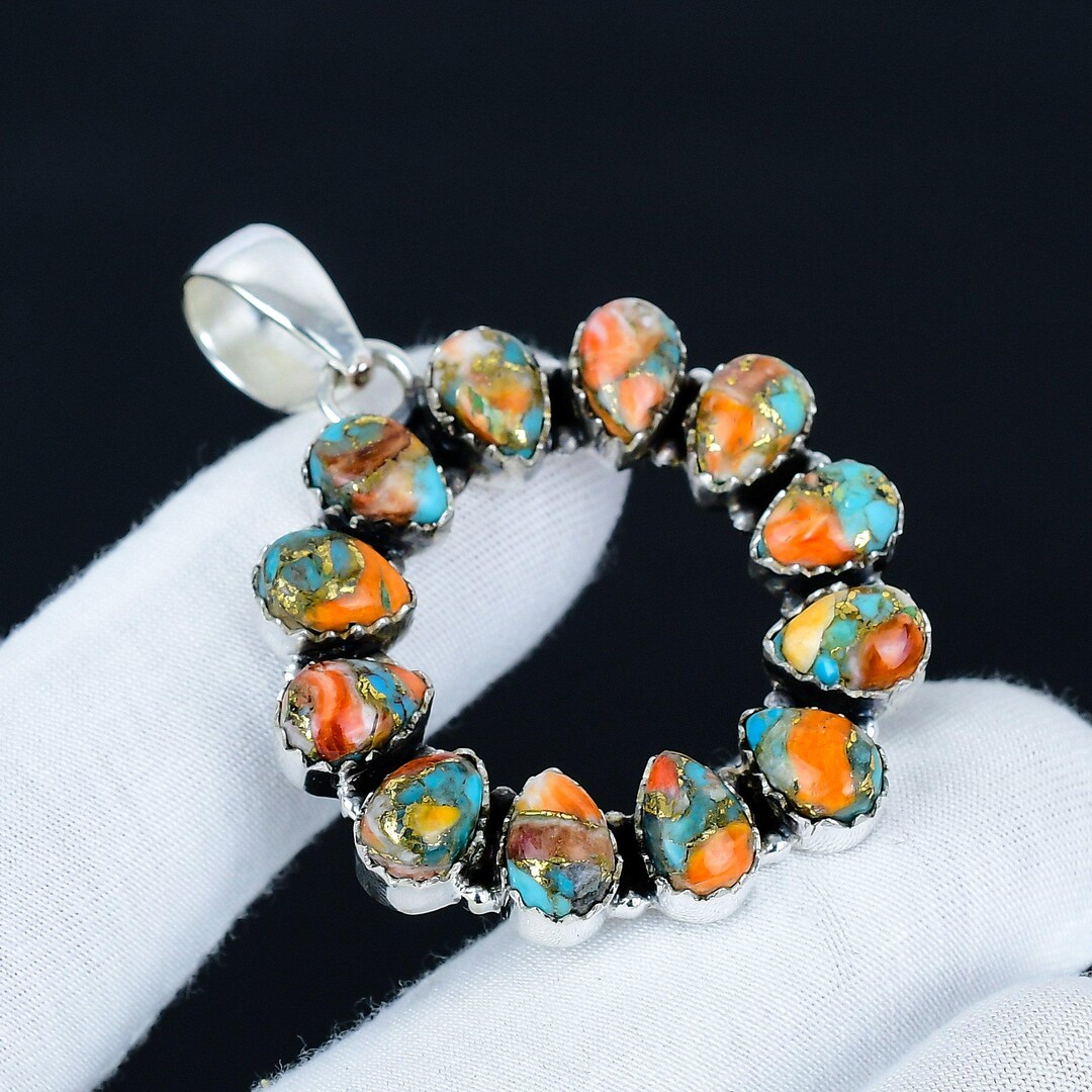 Natural Orange Spiny Oyster Gemstone Pendant, Solid 925 Sterling Silver ...