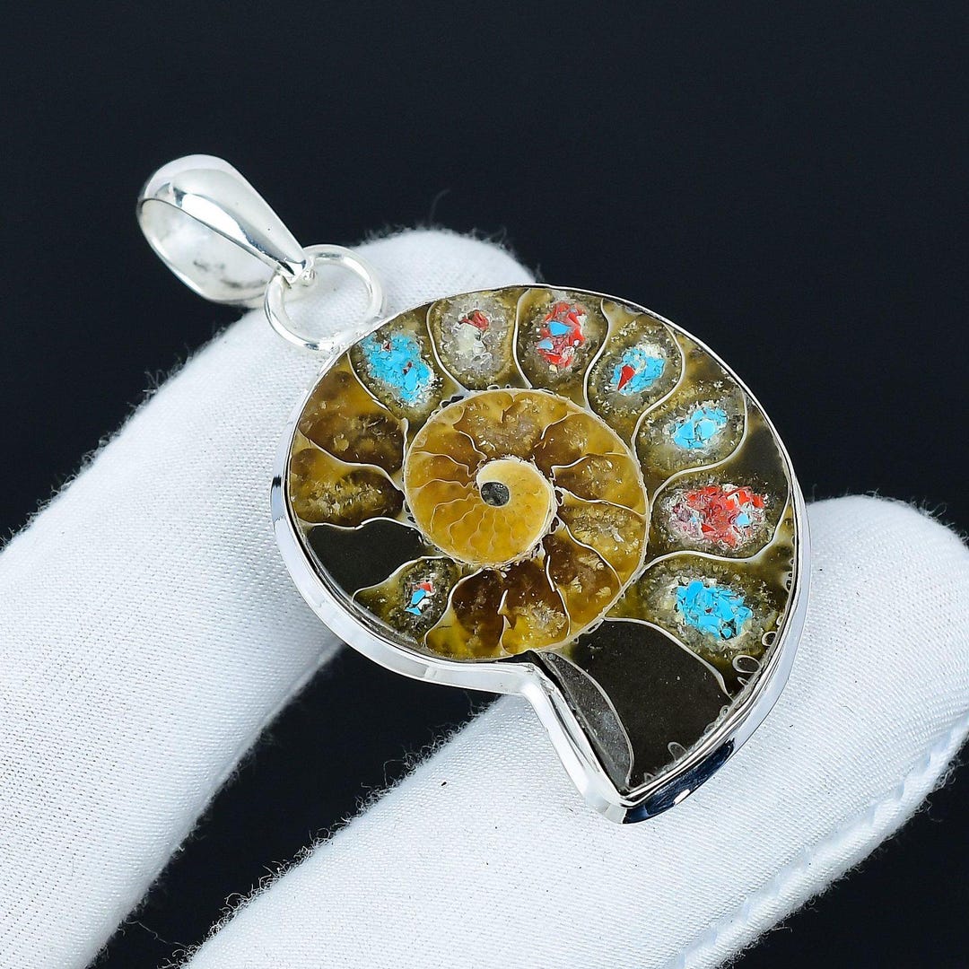 Rare Ammonite Fossil Gemstone Pendant Solid 925 Sterling Silver Simple ...
