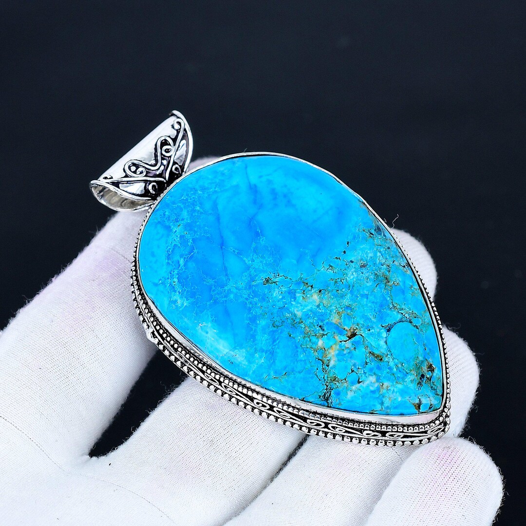 Giant Big Pear Tibetan Turquoise Gemstone Pendant, 925 Sterling Silver ...