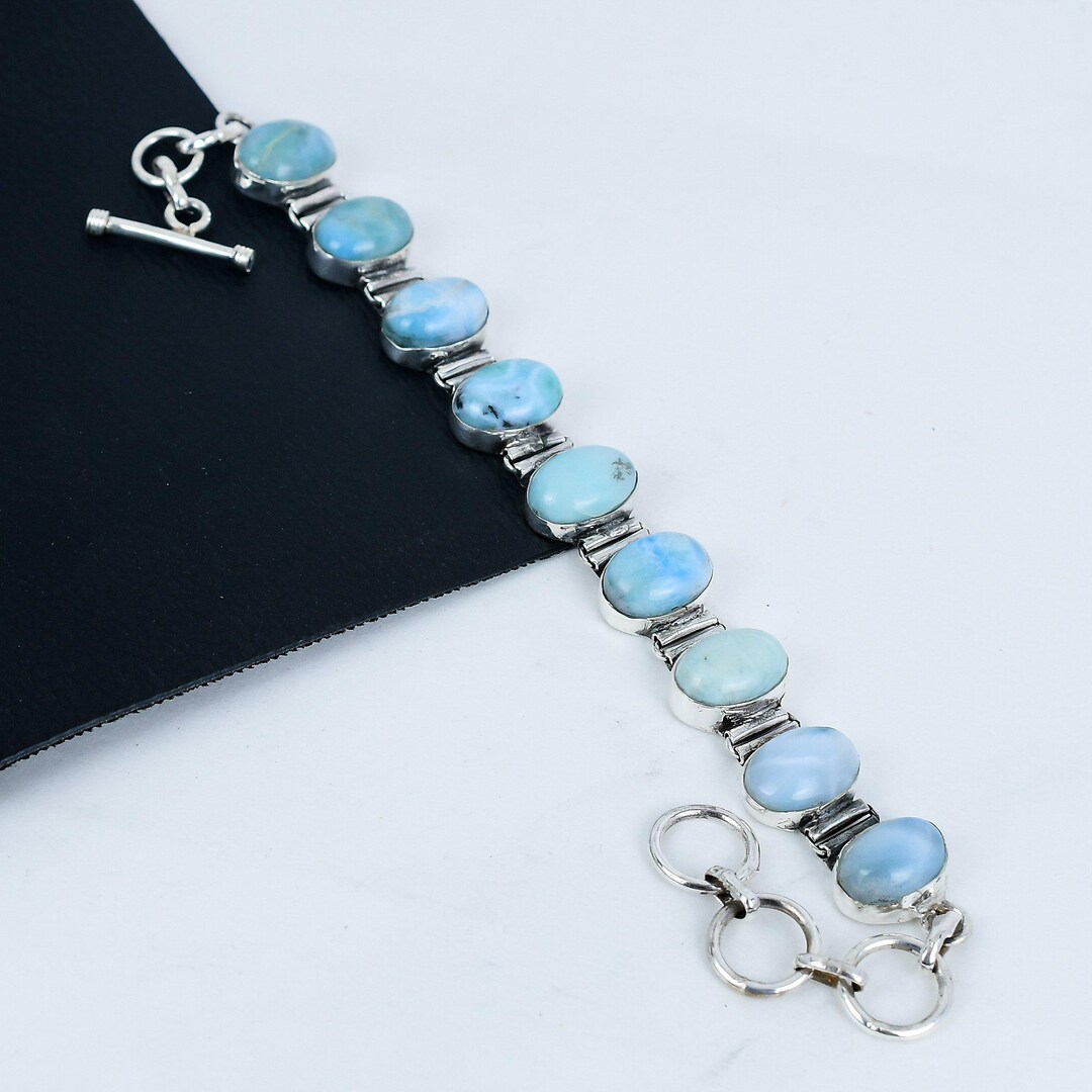 Natural Larimar Bracelet Natural Larimar Gemstone Handmade 925 Sterling Silver Bracelet Natural ...