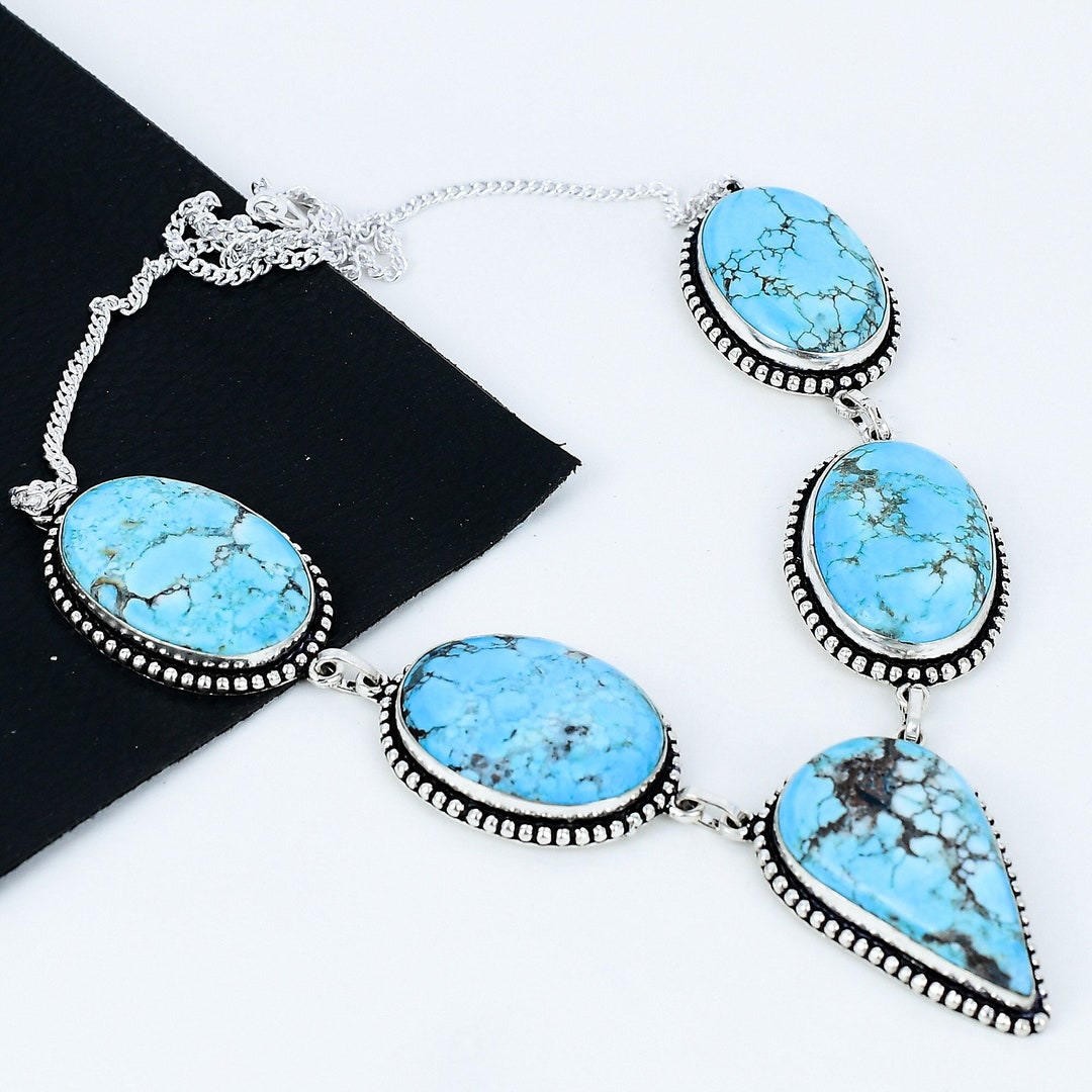 Turquoise Real Gemstone Handmade 925 Sterling Silver Necklace, Silver ...