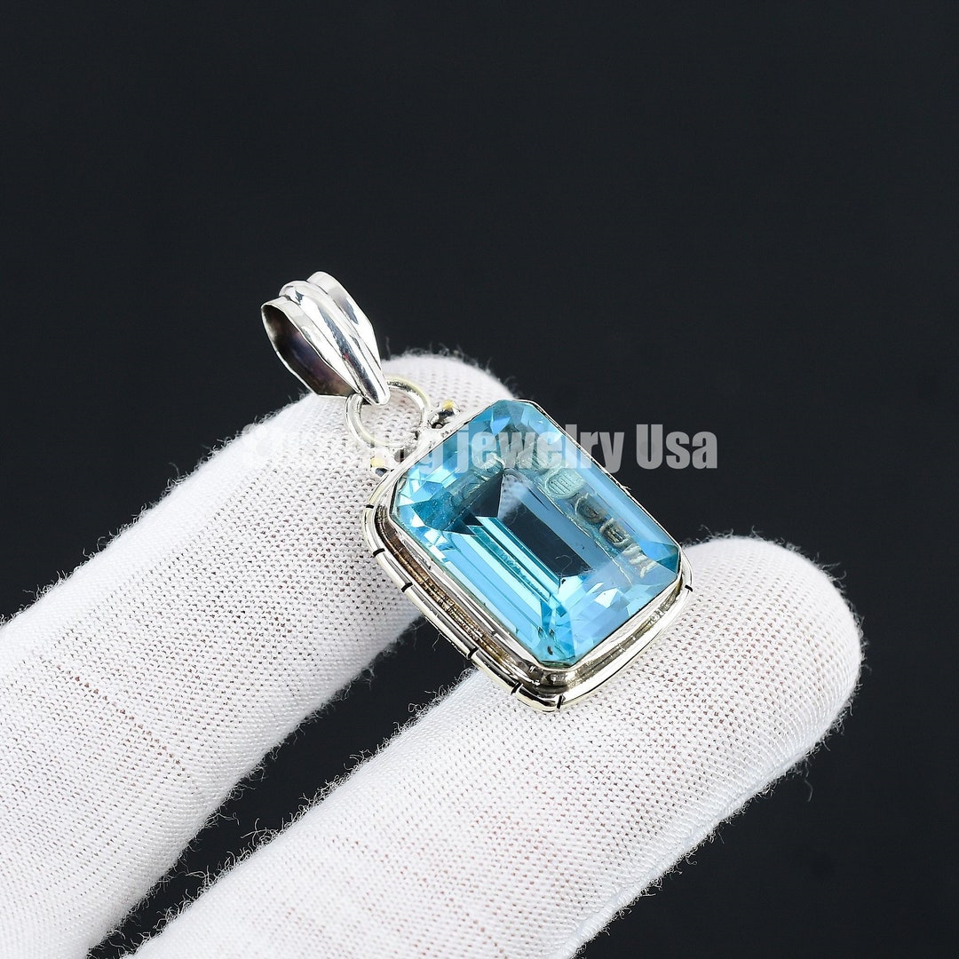 Swiss Blue Topaz Pendant, Blue Topaz Pendant With Silver Chain, Blue ...