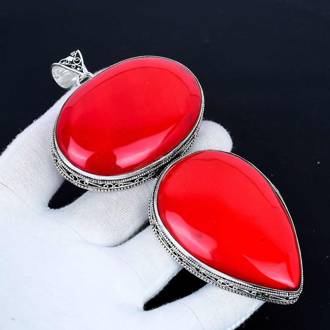 Red Coral, Big Size Gemstone Handmade 925 Sterling Silver Jewelry ...