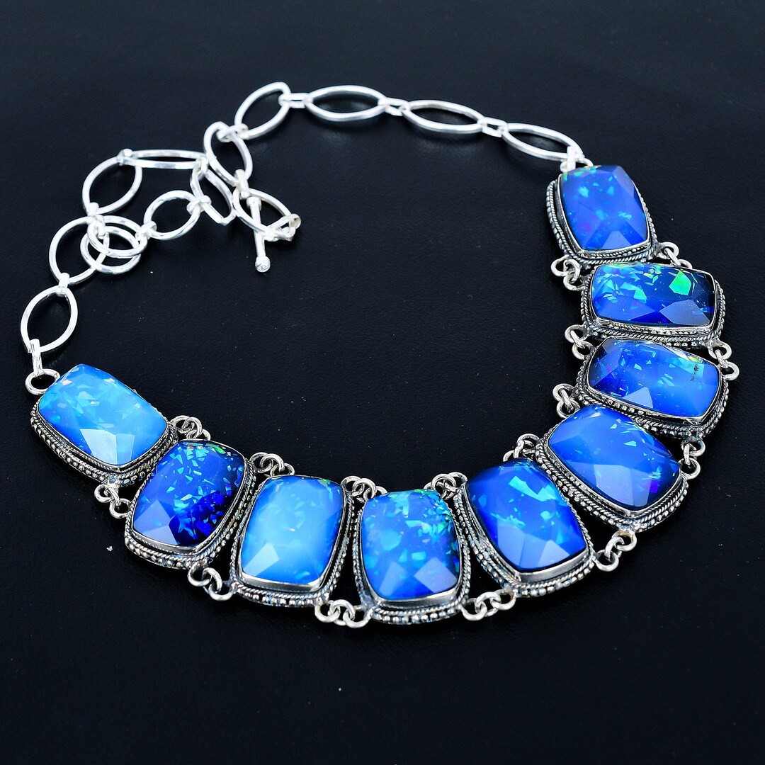 Blue Shiny Triplet Fire Opal Gemstone Handmade 925 Sterling Silver ...