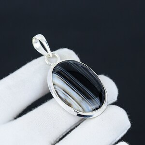 Black Banded Agate Pendant, Banded Agate Gemstone, 925 Sterling Silver ...